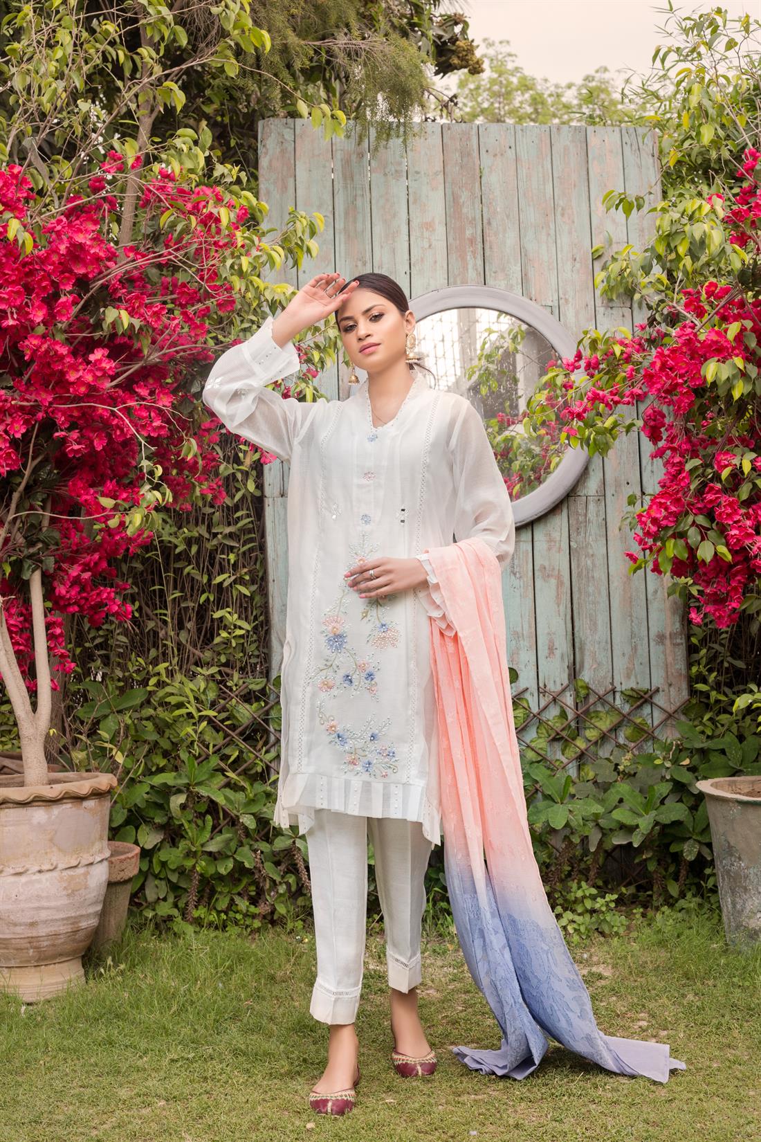 White Net Shirt with Silk Pants & Coloured Dupatta