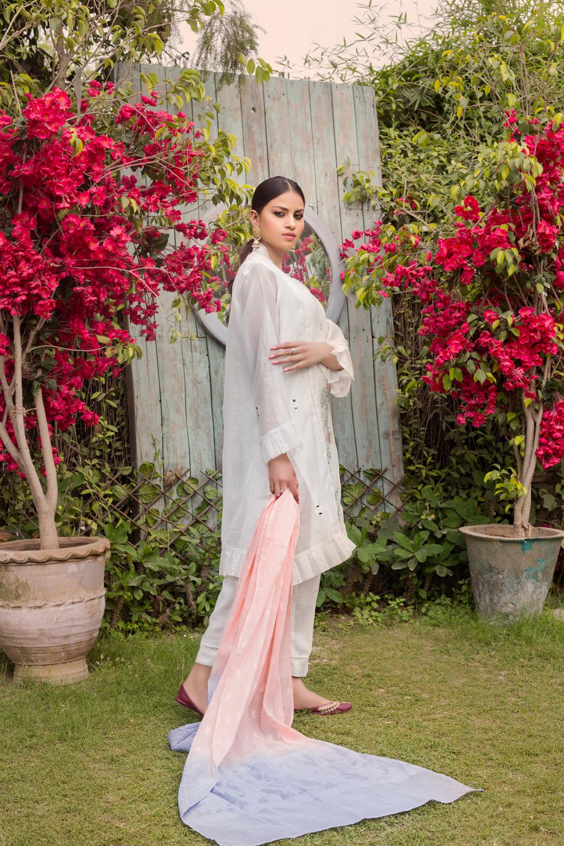 White Net Shirt with Silk Pants & Coloured Dupatta