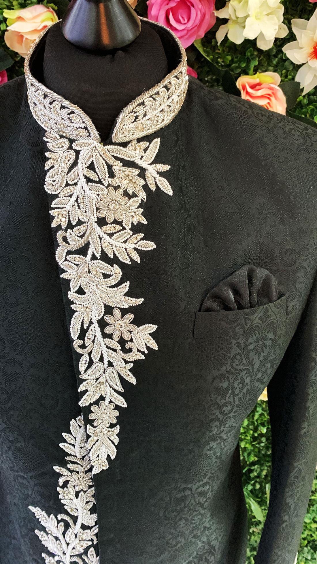 Mens sherwani - Description: Black brocade sherwani with silver and ...