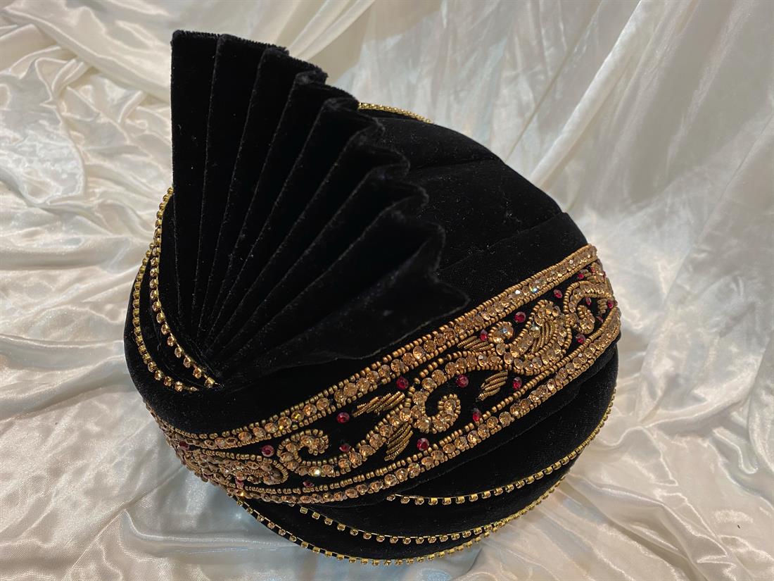Black velvet Turban with Gold embroidery and touch of Maroon stones ...