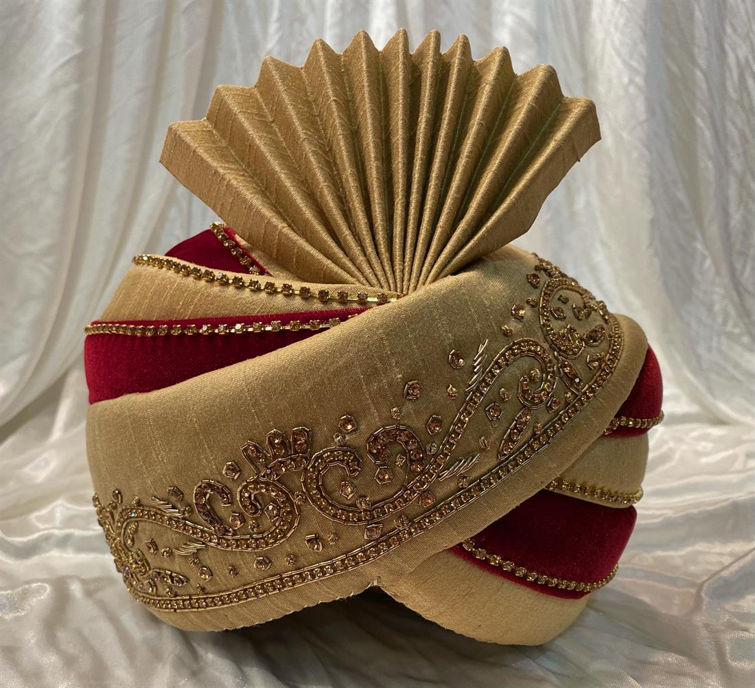 Gold and Maroon turban with Gold emb, and with small tail. Please note ...