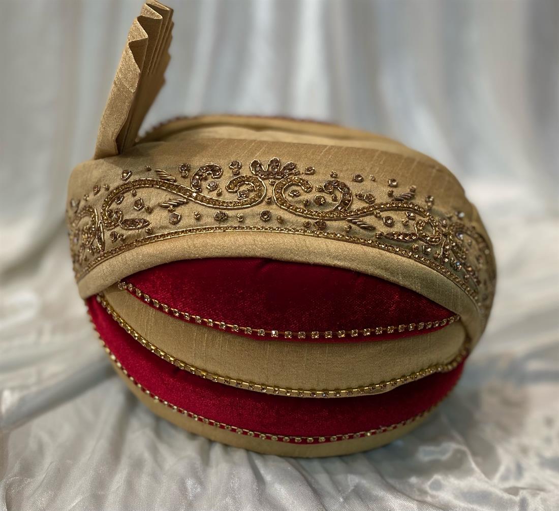 Gold and Maroon turban with Gold emb, and with small tail. Please note ...